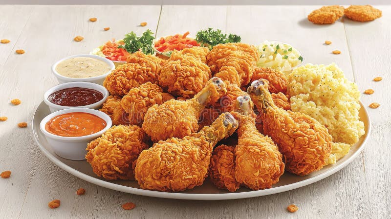 A Large Platter of Crispy Fried Chicken Drumsticks with Three Dipping ...