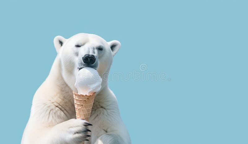 A Large Polar Bear Holds in Its Paws a Waffle Cone with Ice Cream Stock ...