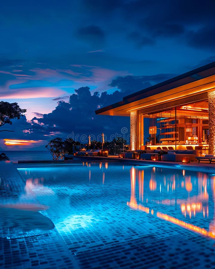 A Large Pool with Blue Lights at Night Stock Image - Image of generated ...