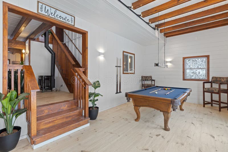 Large Pool Table in a Room with Wooden Elements Stock Image - Image of ...
