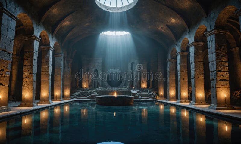 A Large Pool of Water Sits in the Center of a Dimly Lit, Ancient ...
