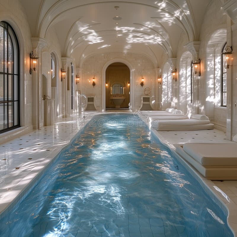 A Large Pool with a White Tiled Floor and White Lounge Chairs Stock ...