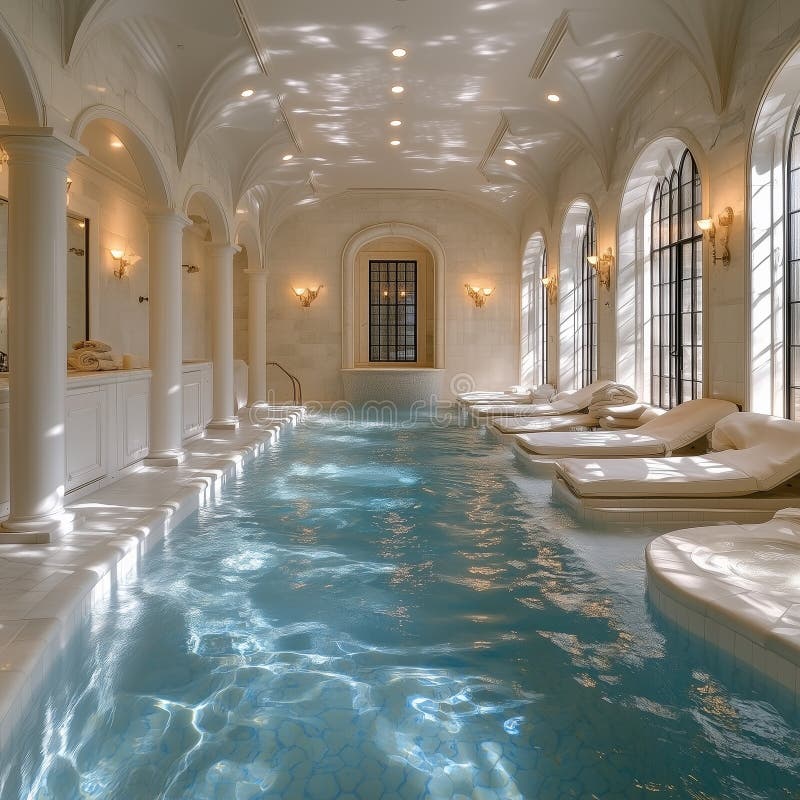 A Large Pool with a White Tiled Floor and White Lounge Chairs Stock ...