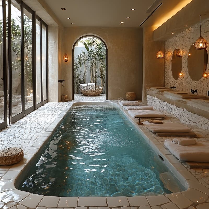 A Large Pool with a White Tiled Floor and White Lounge Chairs Stock ...