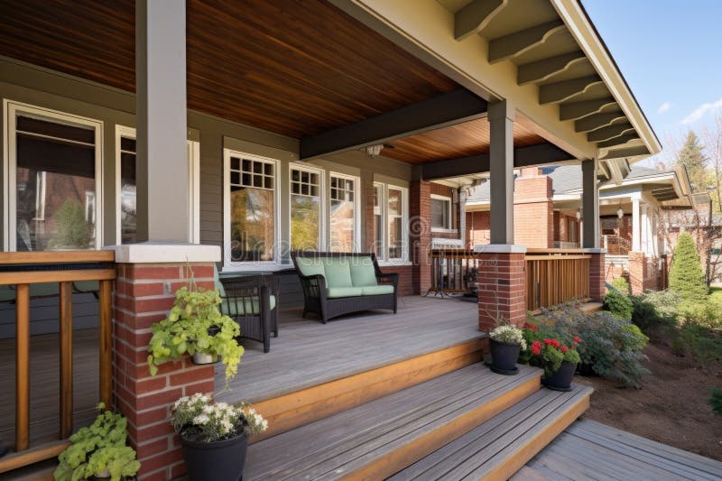 Large Porch of Craftsman House with Brick Foundation Stock Photo ...