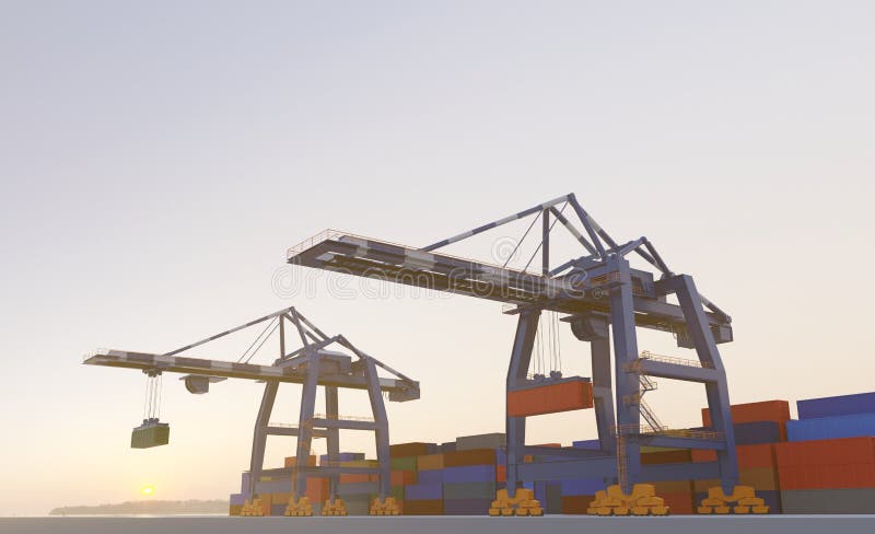 Port Cranes Loading Containers on a Cargo Ship at the Port. Elevated ...