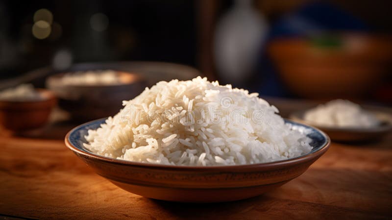 A Large Portion of White Rice on a Table in a Clay Plate Stock ...