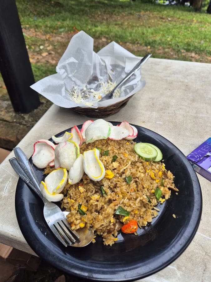 Large Portions of Chicken Fried Rice Plus Crunchy Crackers Stock Photo ...