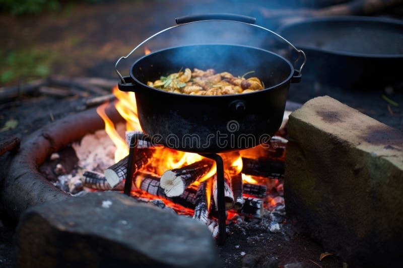 A Large Pot Cooking Meal on an Open Campfire Stock Image - Image of ...