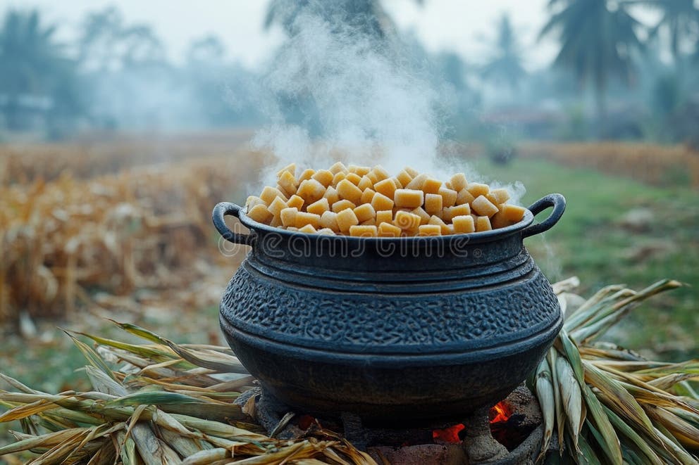 A Large Pot Filled with Corn Sits on Top of a Fire, Ready To Be Cooked ...