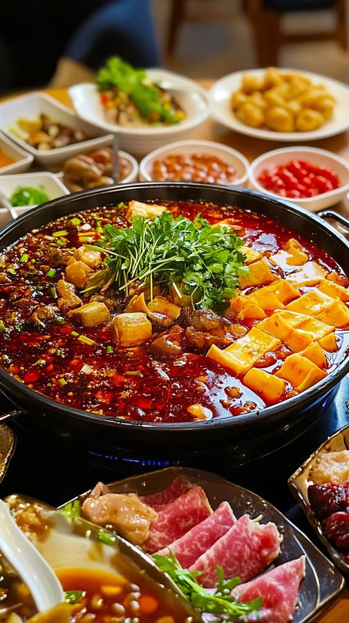 A Large Pot of Hot Pot with Many Different Types of Food on a Table ...