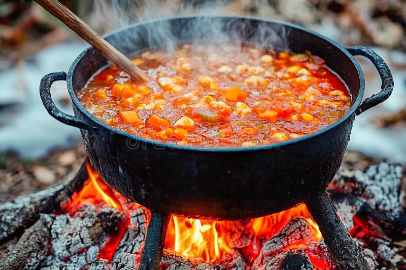 A Large Pot Simmers Over an Open Fire, Filled with Vibrant Vegetables ...