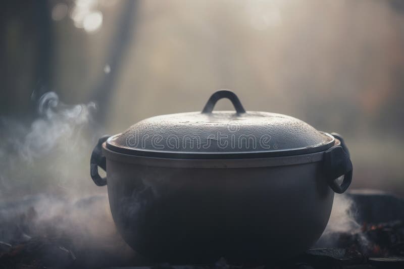 A Large Pot Sitting on Top of a Table Covered in Smoke Stock ...