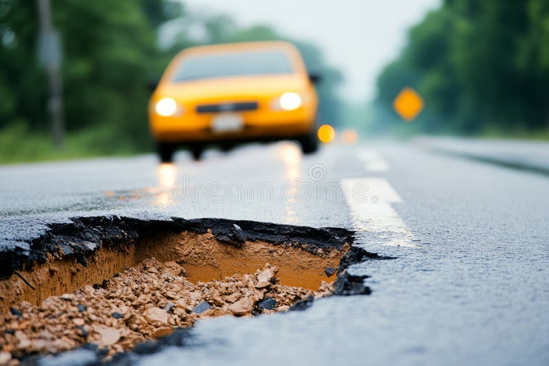 Large Pothole on a Road with Crumbling Asphalt and Dirt. Road Damage ...