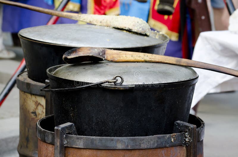 Large Pots for Cooking Outdoors Stock Photo - Image of ladle, dishes ...