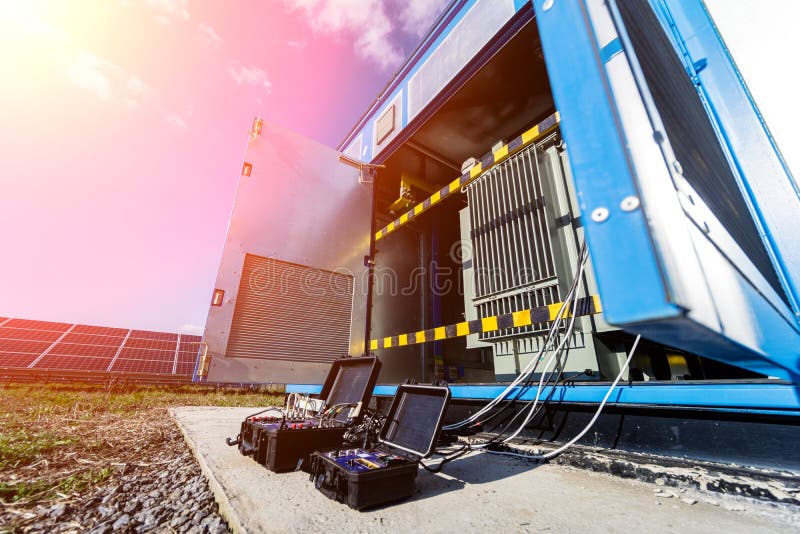 Large Power Transformer in a Solar Panel Station Stock Photo - Image of ...
