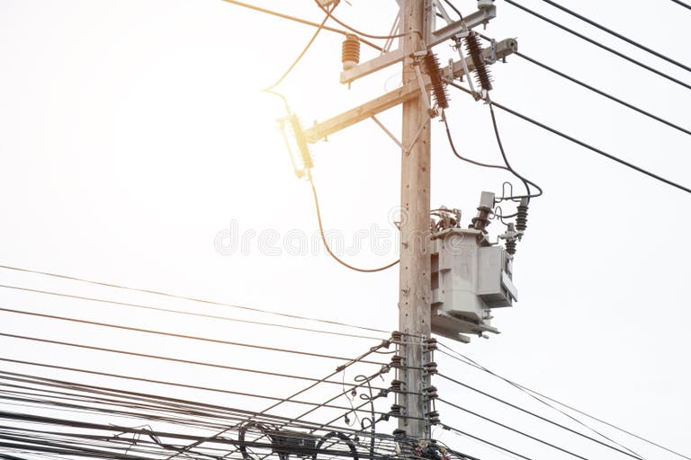 Large Power Transformers Mounted on Poles Stock Photo - Image of cable ...