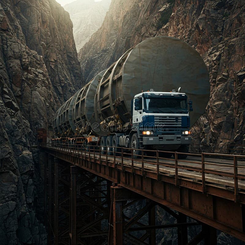 Cargo Truck Navigates Narrow Bridge Over Canyon Stock Illustration ...