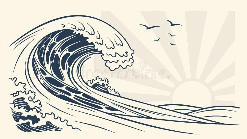 Large Powerful Ocean Wave Cresting Illustration, Vector Design ...