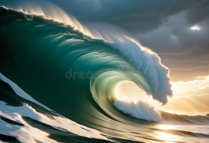 A Large, Powerful Ocean Wave with a Curling Barrel Shape, Backlit by ...