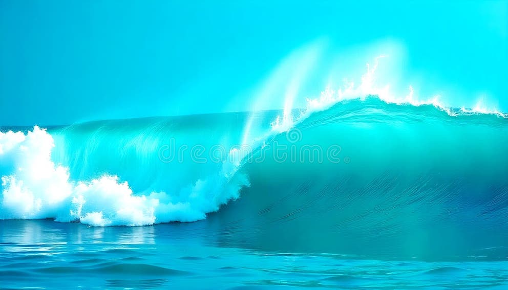 Large Powerful Wave Crashing Against Bright Blue Sky with Wispy Clouds ...
