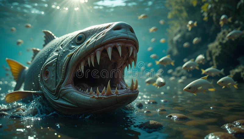 Large Predatory Fish with Open Mouth Under Water Threatening Smaller ...