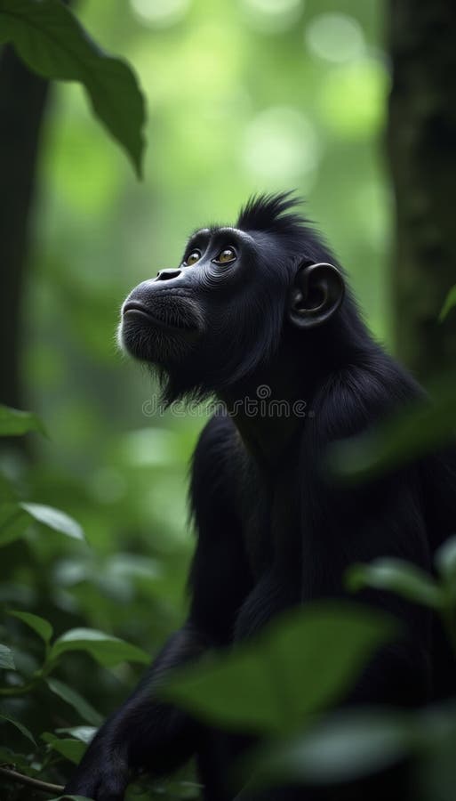 Large Primate Looks Up through Dense Foliage with Curiosity, Curious ...