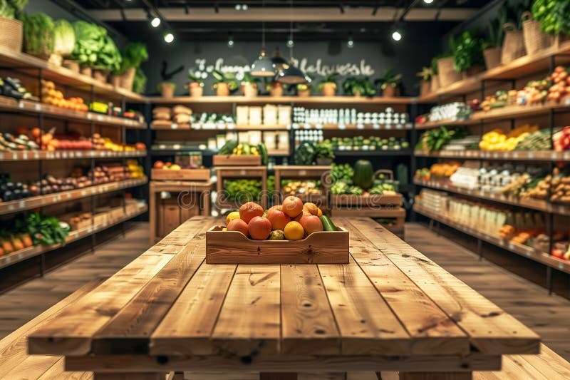 A Large Produce Section of a Grocery Store with a Wooden Table in the ...