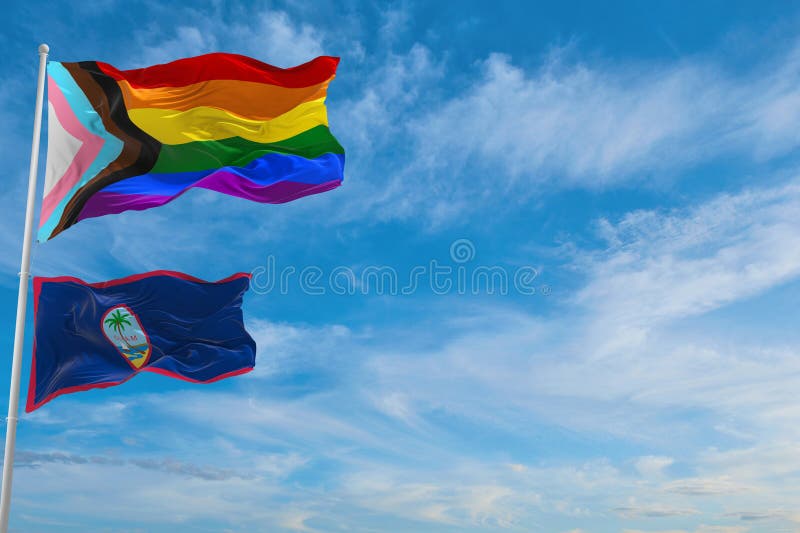 Large Progress Lgbtq Flag And Flag Of Guam State Usa Waving In The