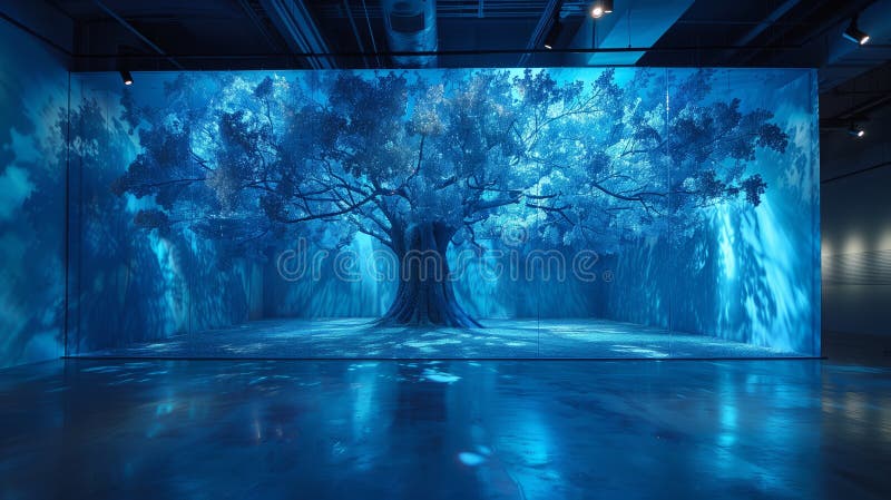 Large Blue Tree Projection in a Modern Gallery Stock Photo - Image of ...