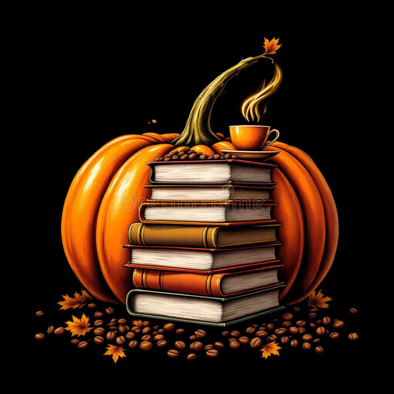A Large Pumpkin Serves As a Backdrop for a Stack of Books, Accompanied ...