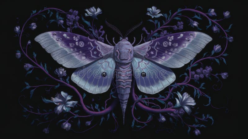 A Large Purple Moth with Flowers and Leaves on a Black Background, AI ...
