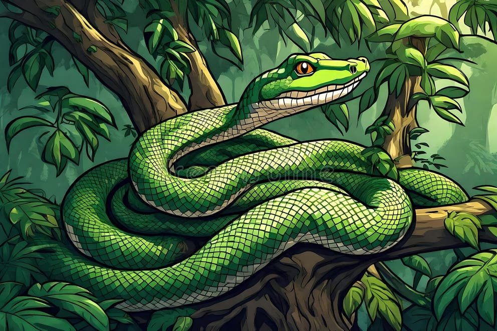 A Large Green Python Was Coiled Above a Large Tree in the Jungle ...