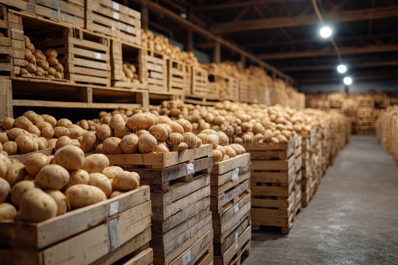Large Quantities of Potatoes are Being Stored in Wooden Crates Inside a ...
