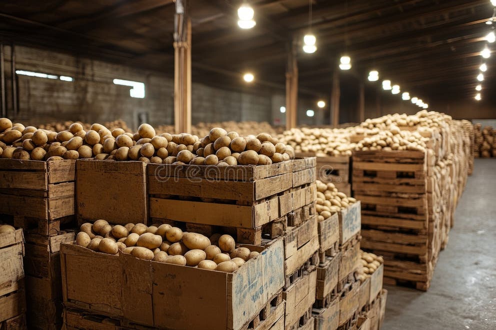 Large Quantities of Potatoes are Being Stored in Wooden Crates Inside a ...