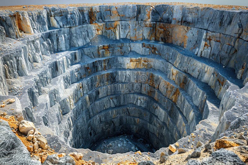 A Deep Quarry Hole, Circular Stone Pit, Industrial Mining Site Stock ...