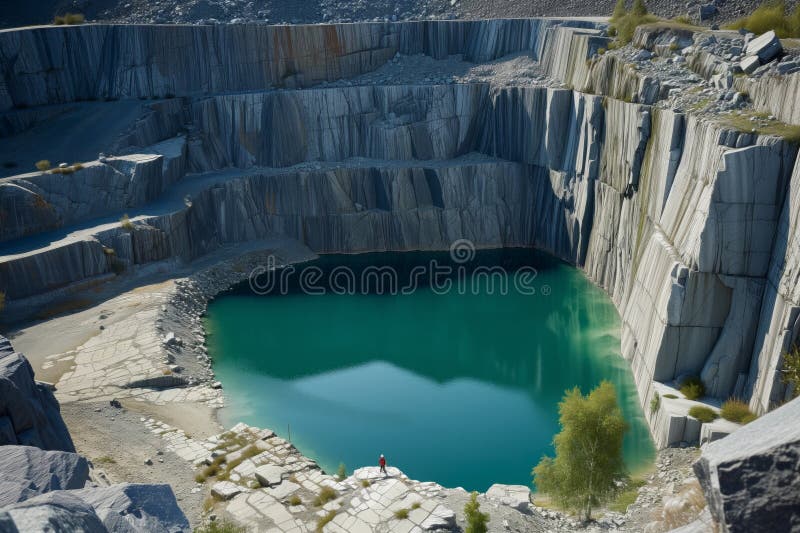 Large Quarry Pit with a Lake at the Bottom and a Person at the Edge ...