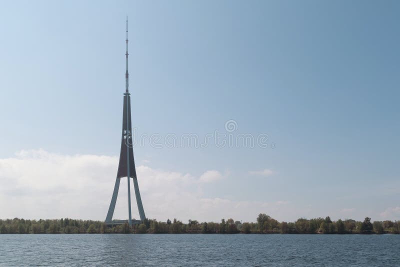 Large Radio and Television Tower on the River Bank Stock Image - Image ...
