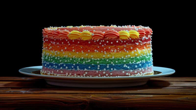 A Large Rainbow Cake on a Plate with Sprinkles and Frosting, AI Stock ...