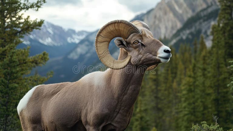 A Large Ram with Distinctive Horns Standing Amidst Trees in a Dense ...