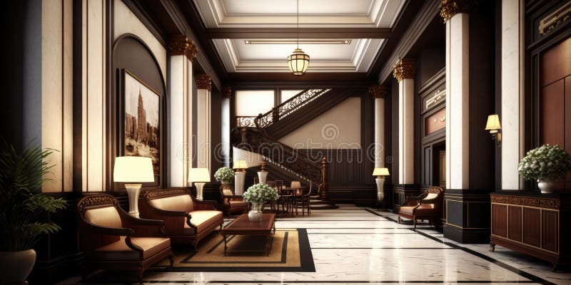 Large Reception Area Lobby of a Luxury Hotel Design Stock Illustration ...