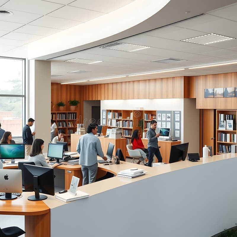 A Large Reception Desk in a Busy University Office with Books Computers ...