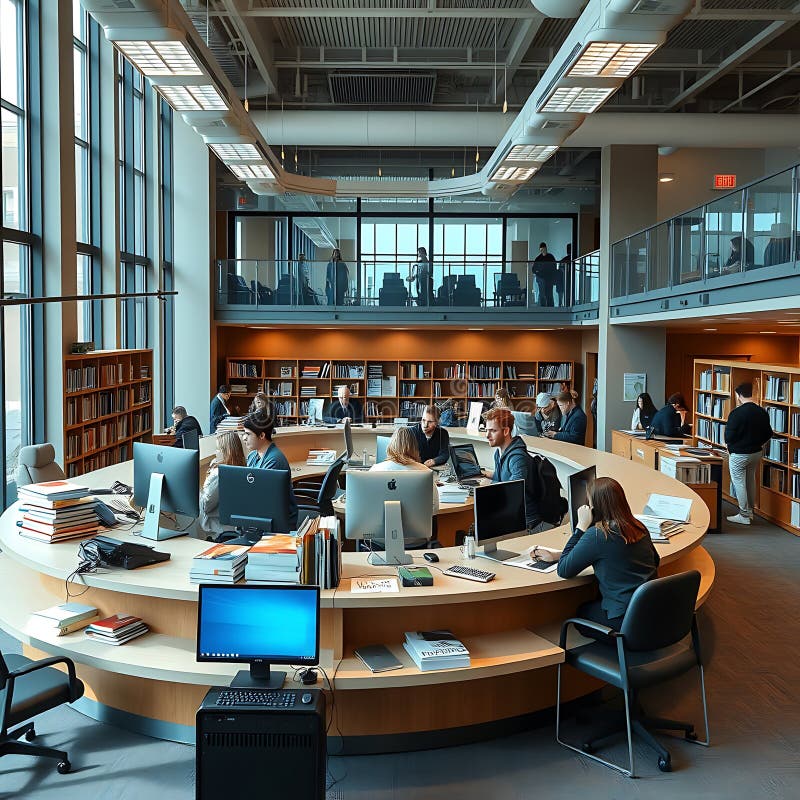 A Large Reception Desk in a Busy University Office with Books Computers ...