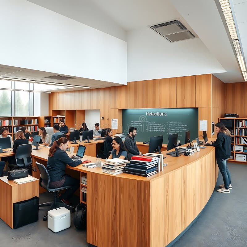 A Large Reception Desk in a Busy University Office with Books Computers ...