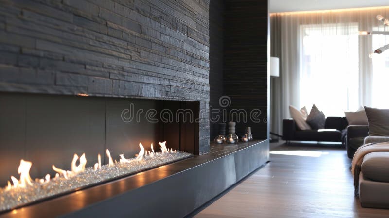 A Large Rectangular Fireplace Stands Tall Against a Wall of Dark ...