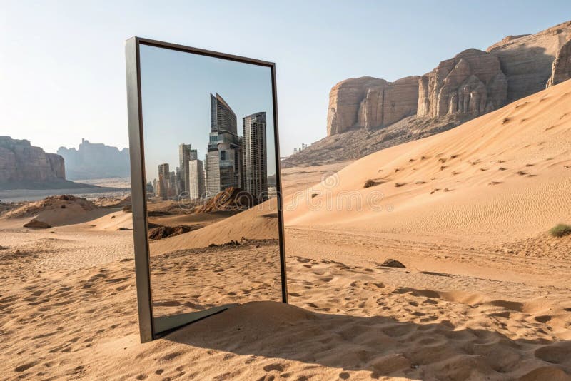 Large Rectangular Mirror on Sand Desert Reflection Futuristic Landscape ...