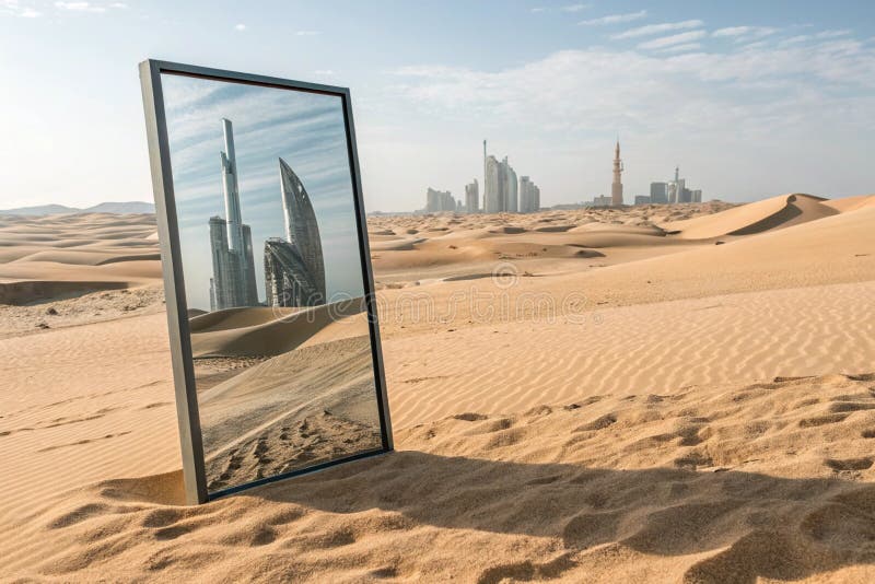 Large Rectangular Mirror on Sand Desert Reflection Futuristic Landscape ...