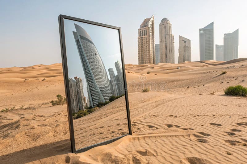 Large Rectangular Mirror on Sand Desert Reflection Futuristic Landscape ...