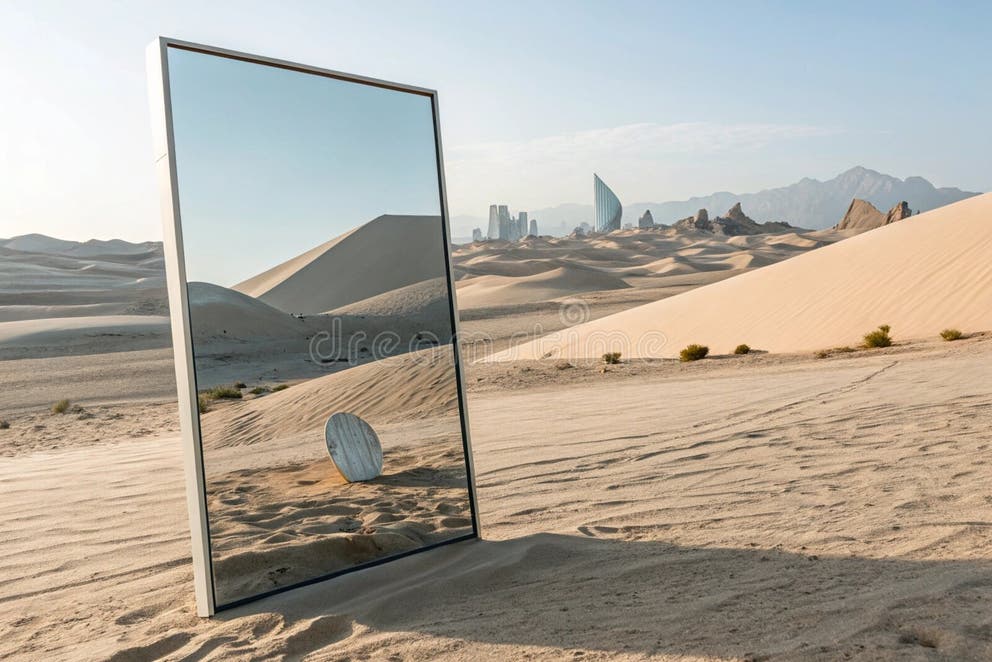 Large Rectangular Mirror on Sand Desert Reflection Futuristic Landscape ...