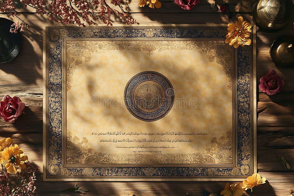 A Large Rectangular Paper with Golden Borders and Arabic Calligraphy ...